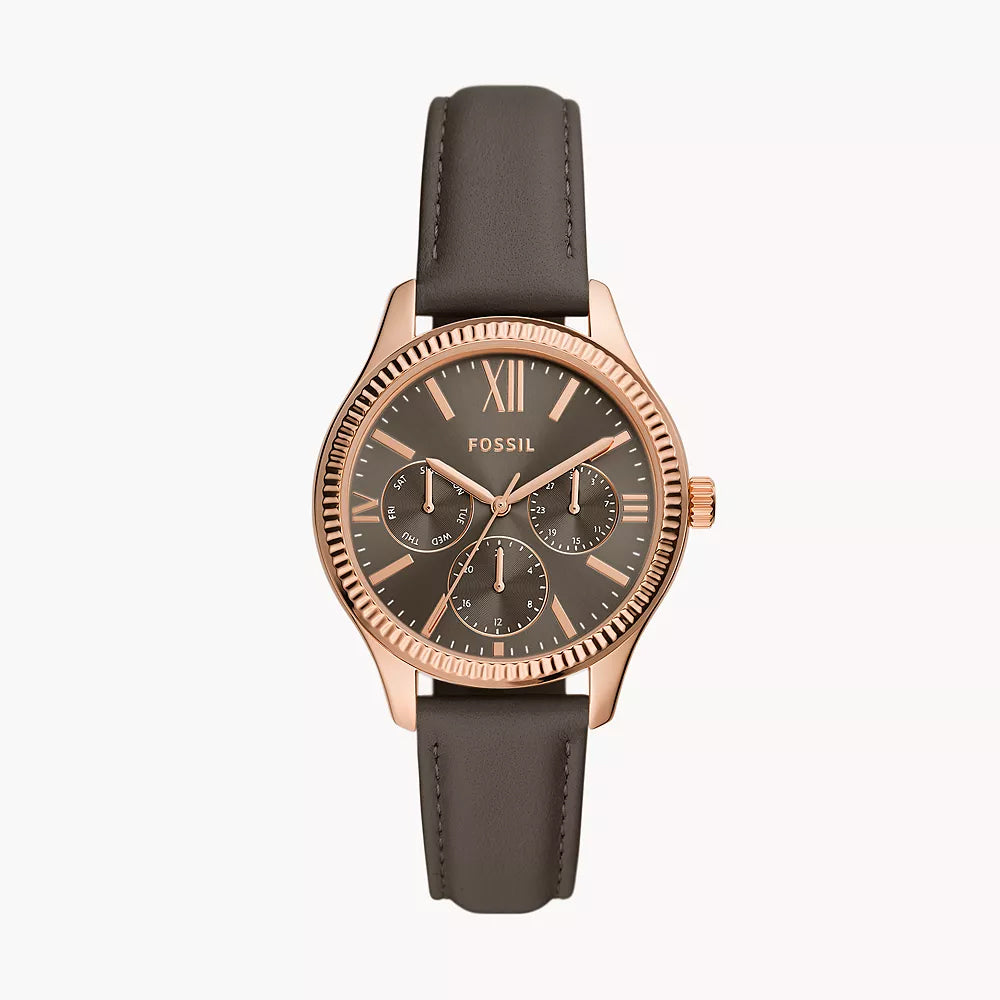 Shop Fossil Rye Multifunction Gray Leather Watch - The Watch House UAE