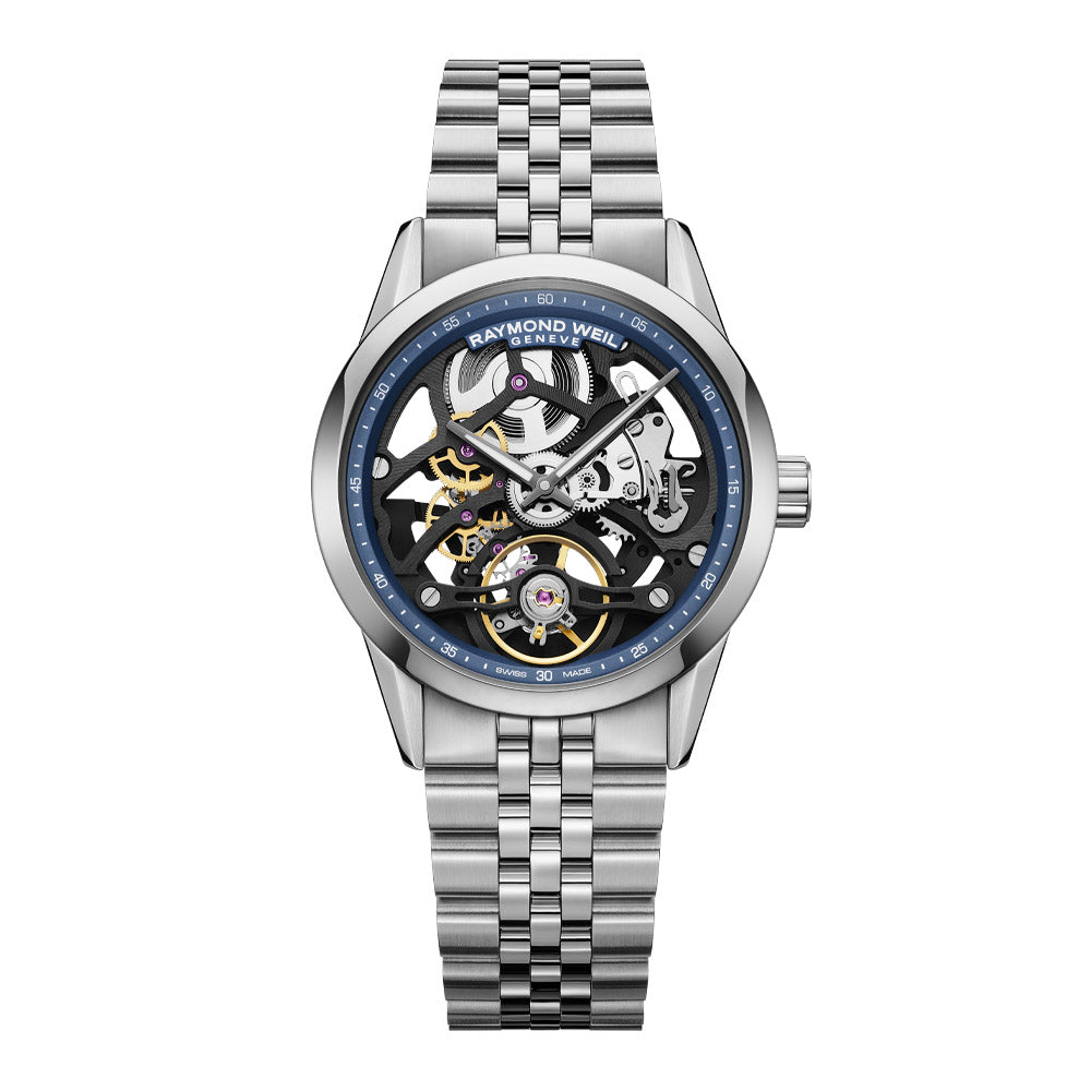 Raymond Weil Freelancer Stainless Steel Case Blue Skeleton Dial Automa ...