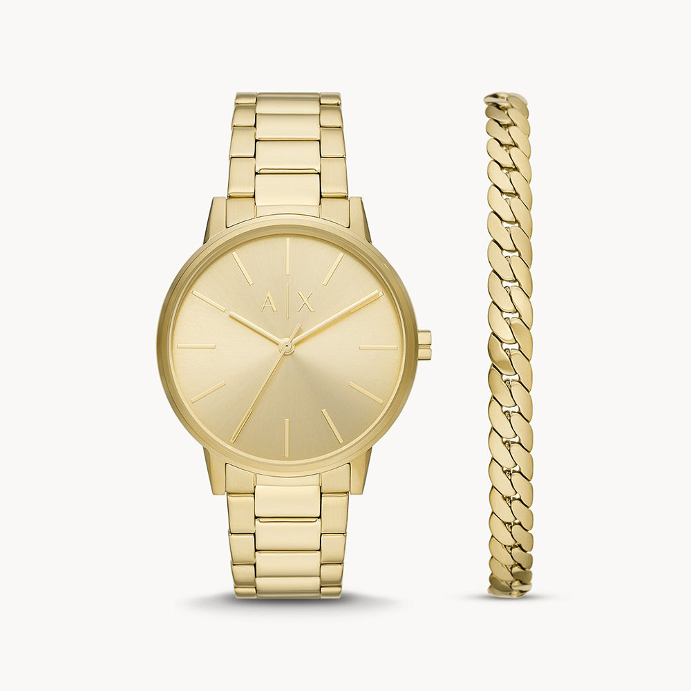 ARMANI EXCHANGE THREE-HAND GOLD-TONE WATCH AND BRACELET SET – The Watch ...
